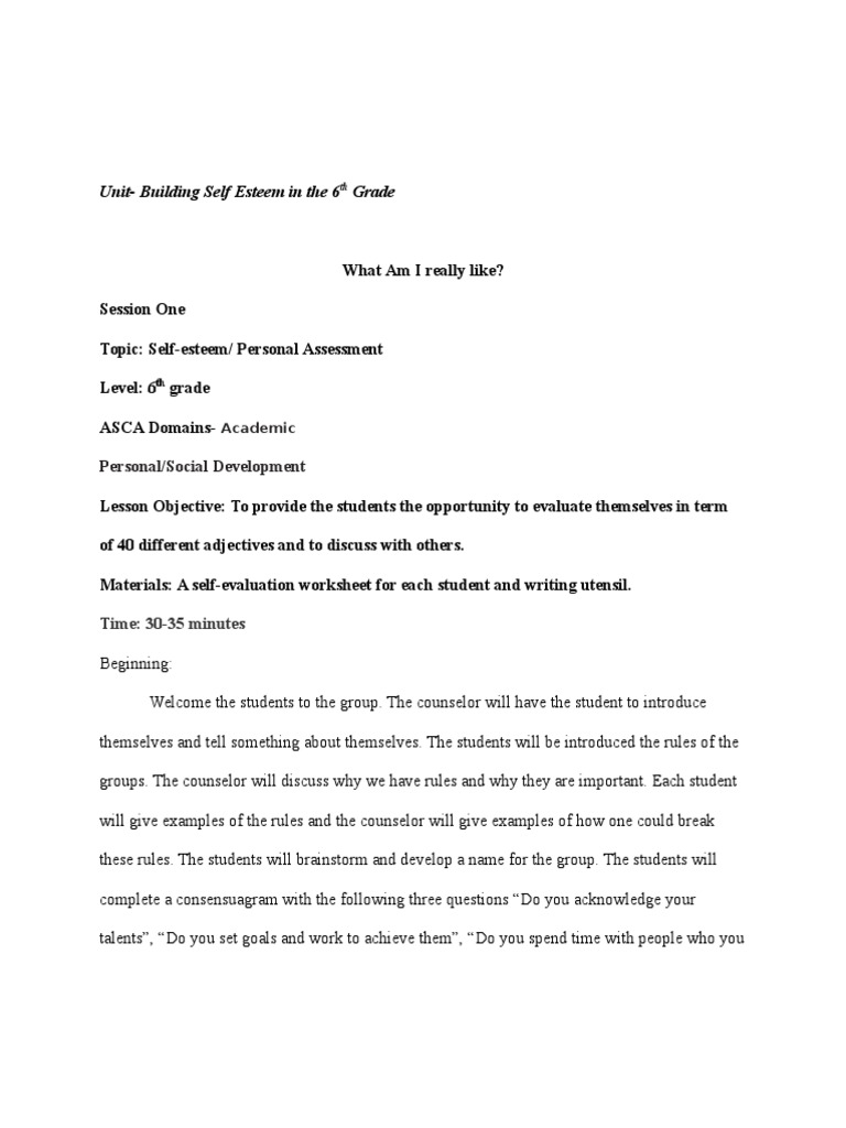 Unit-Building Self Esteem in The 6 Grade: Personal/Social Development ...