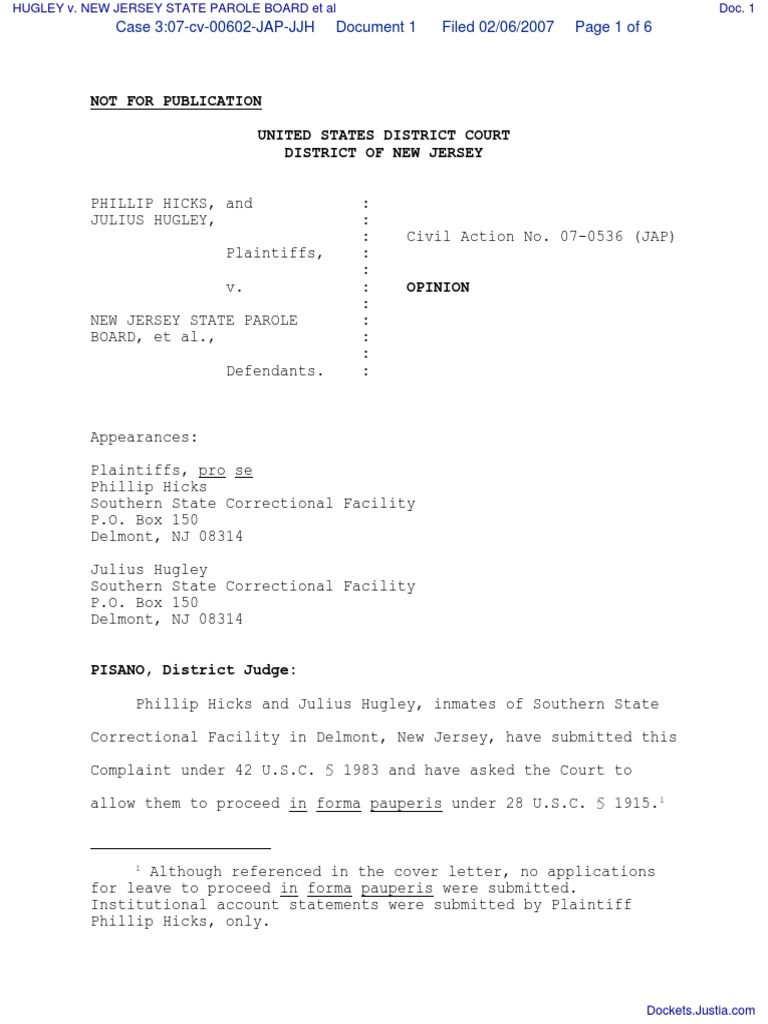 HUGLEY v. NEW JERSEY STATE PAROLE BOARD Et Al - Document No. 1 | PDF ...