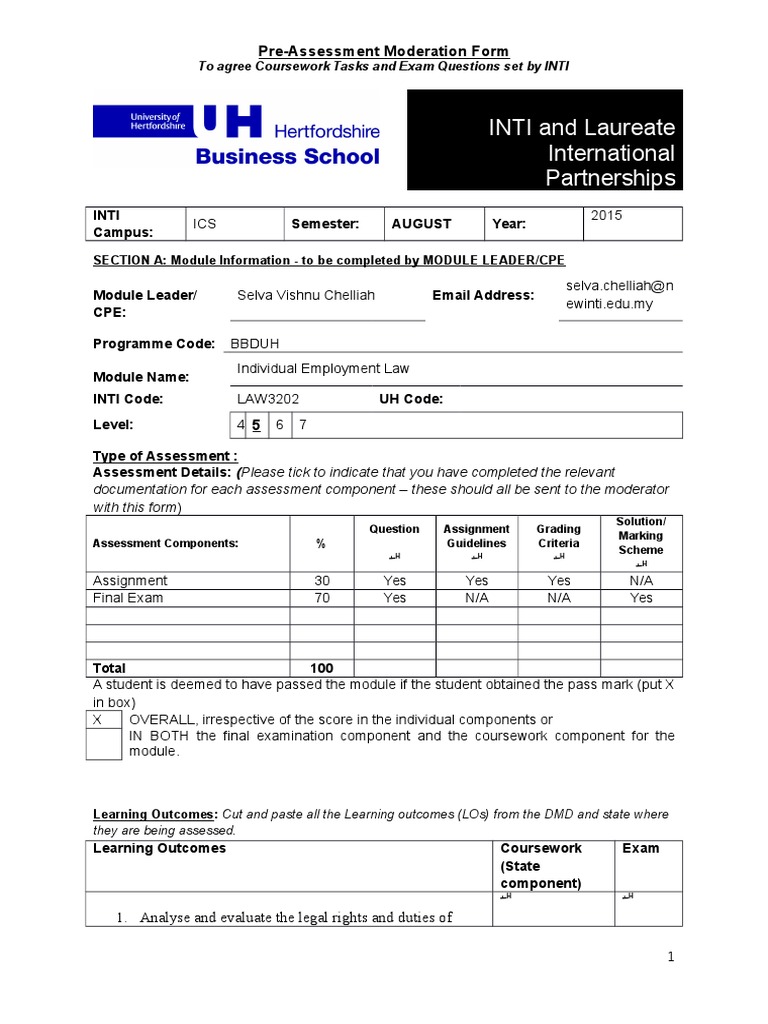 (LAW3202 0815) Pre Assessment Moderation Form | PDF