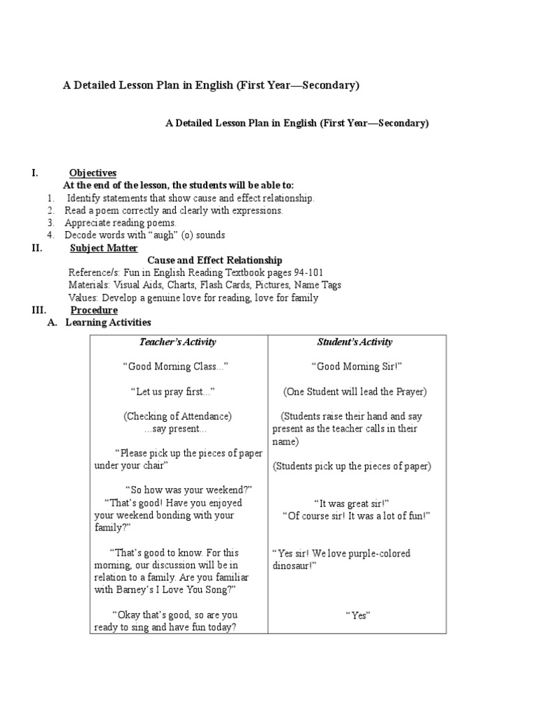 Detailed Lesson Plan in English | PDF | Lesson Plan