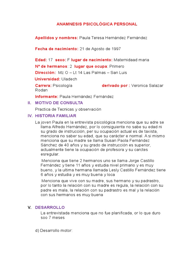 Anamnesis Psicológica Paula | PDF | Ciencias de la Salud | Enfermedades ...