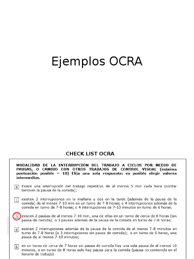 Ejemplos OCRA checklist para evaluar riesgos de TMS | PDF | Factores ...