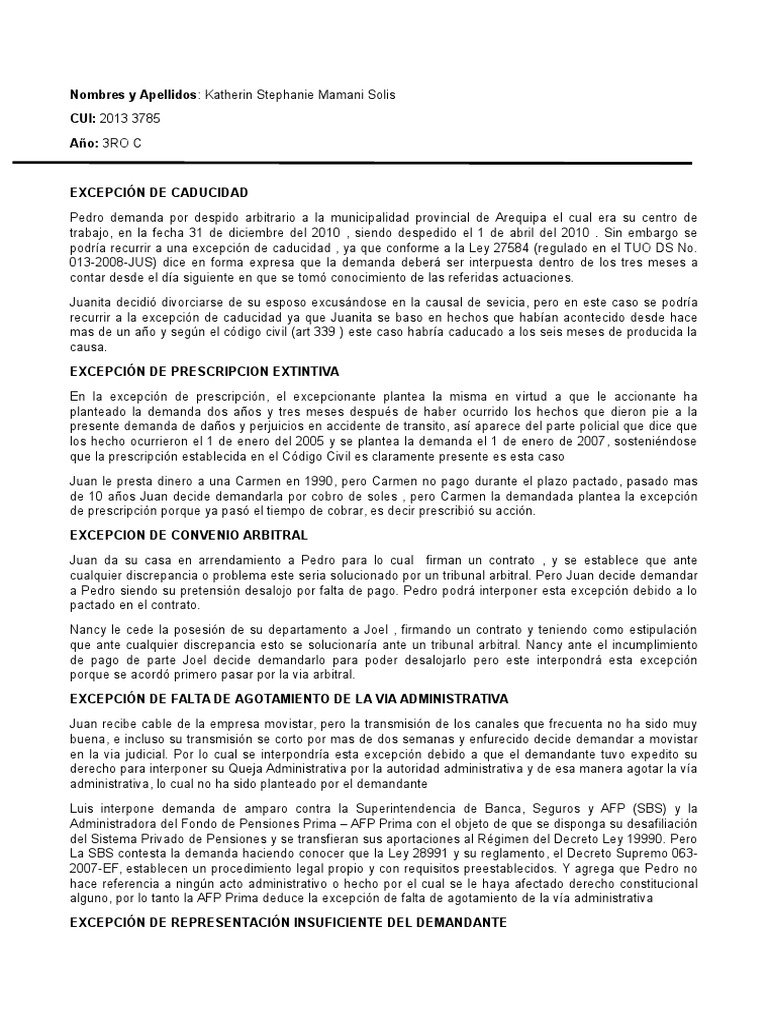 Excepciones Legales en Demandas Judiciales | PDF | Demanda judicial | Pagos
