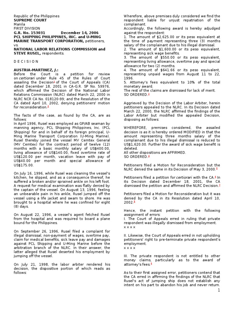 PCL Shipping Phils. vs. NLRC | PDF | Attorney's Fee | Employment