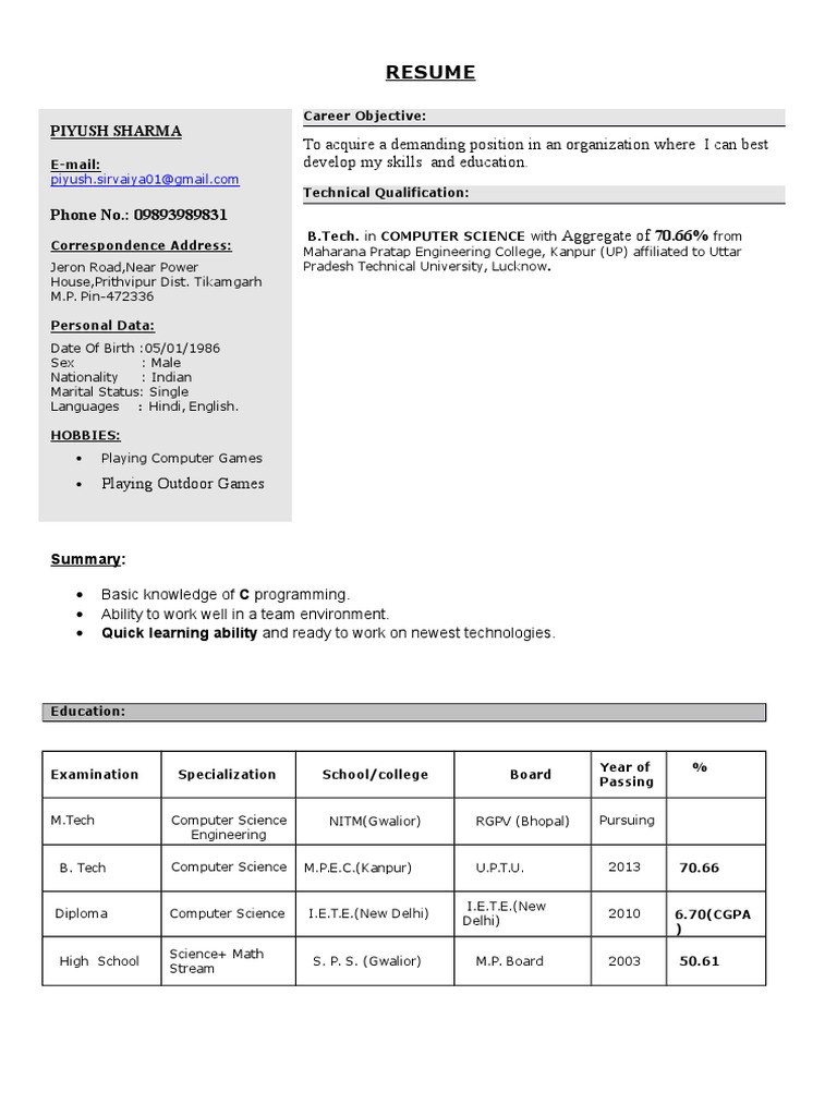 Piyush Sharma - Computer Science Resume | PDF | Games & Activities | Computers