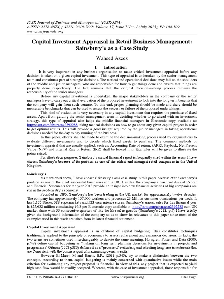 Capital Investment Appraisal in Retail Business Management: Sainsbury's ...
