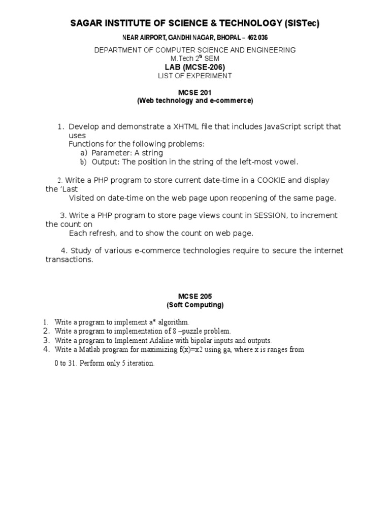 Sagar Institute of Science & Technology (Sistec) : LAB (MCSE-206) | PDF | Computers
