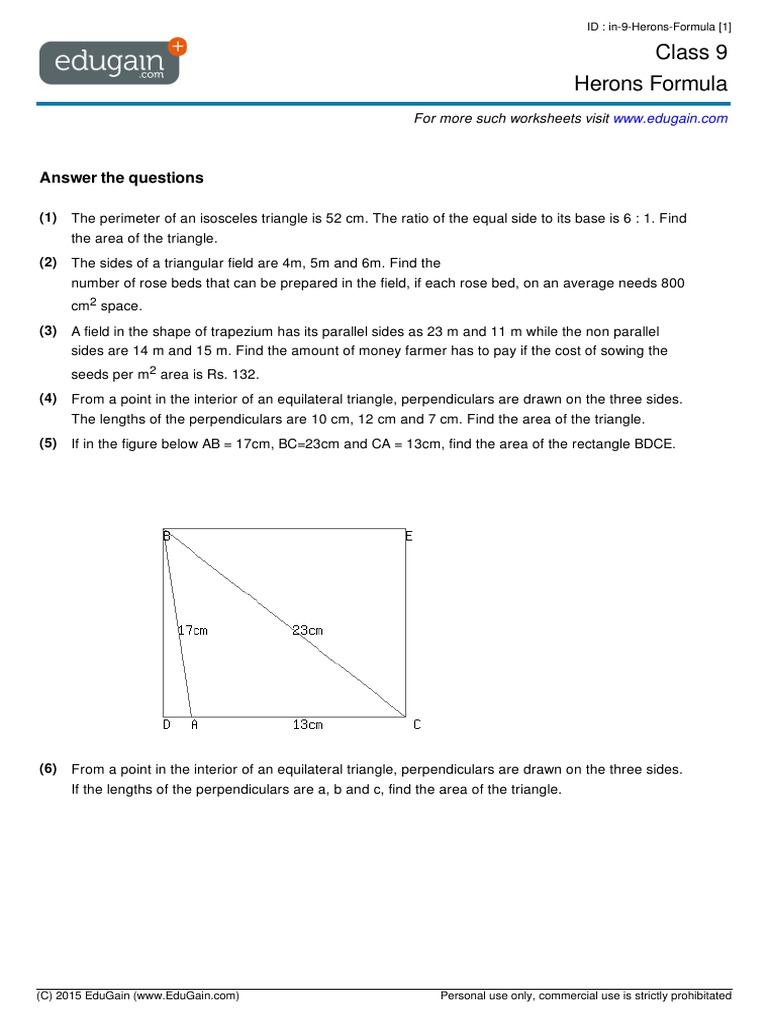 Grade 9 : Herons Formula Worksheet | Area | Triangle