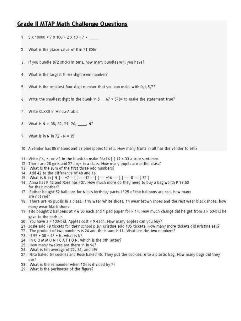 Grade II MTAP Math Challenge Questions | PDF | Fraction (Mathematics ...