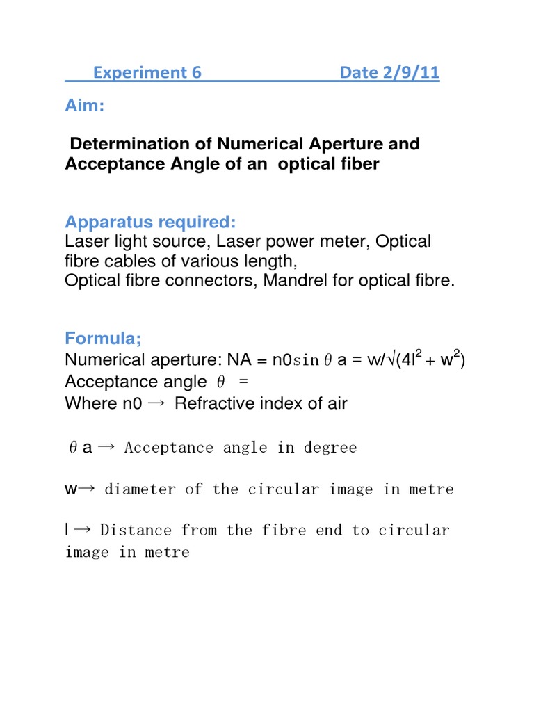 Experiment 6 Date 2/9/11: Determination of Numerical Aperture and ...