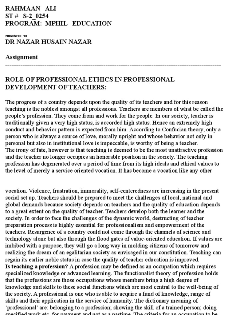 Role of Professional Ethics in Professional Development of Teachers ...