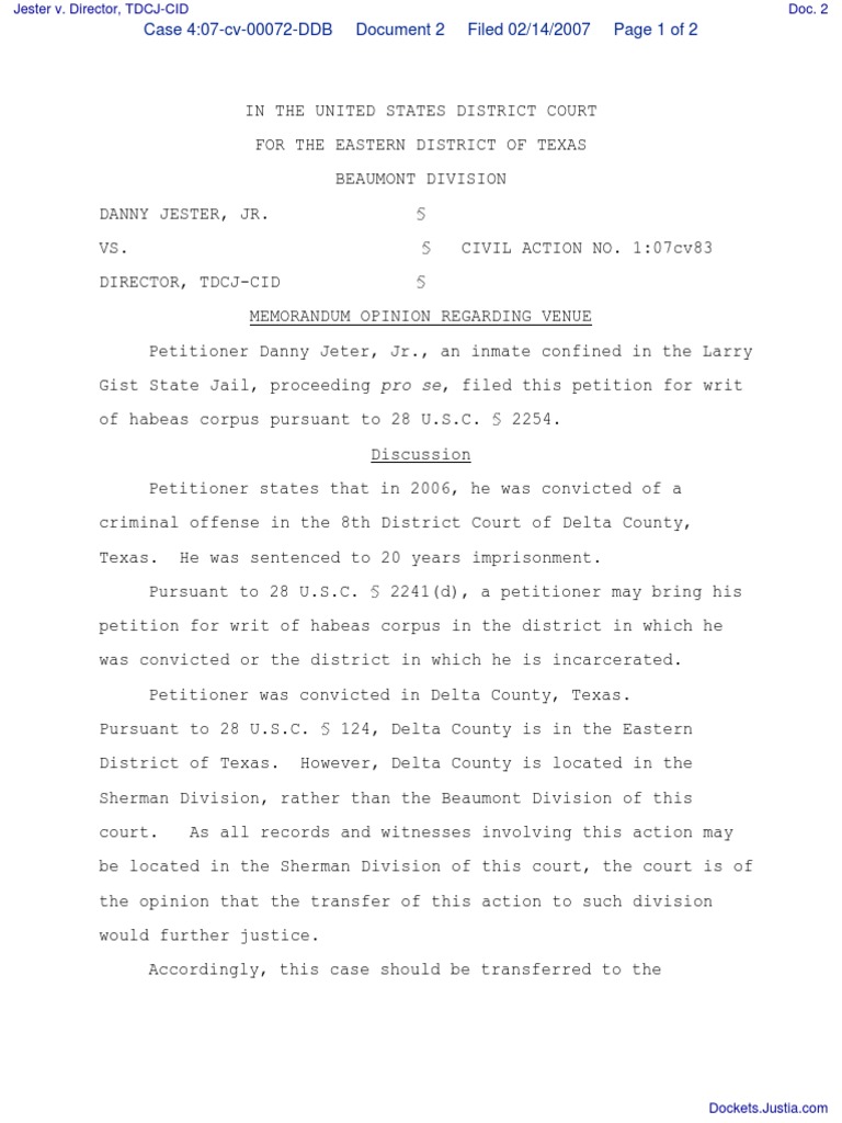Jester v. Director, TDCJ-CID - Document No. 2 | PDF | Habeas Corpus ...