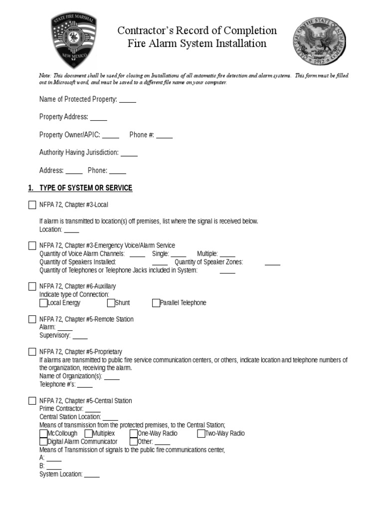Fire Alarm System Record of Completion | PDF | Telephone ...