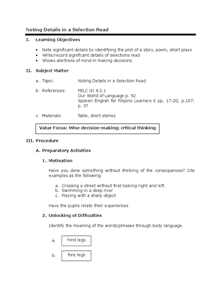 Grade 4 English Reading Noting Details in A Selection Heard | PDF