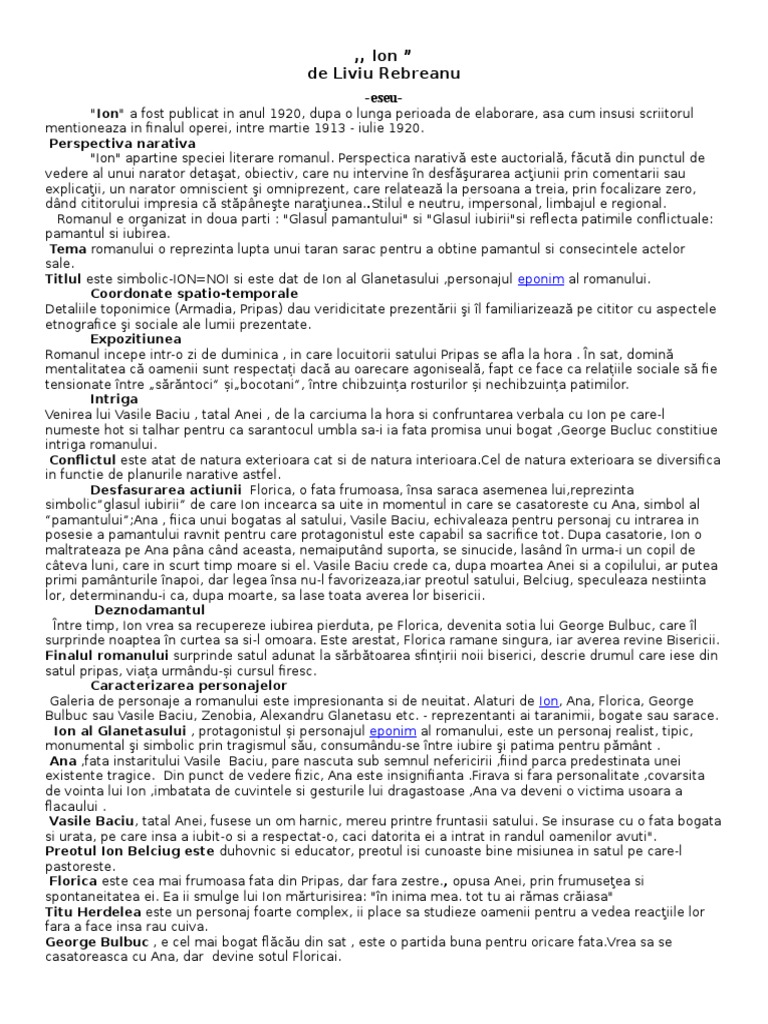 Ion de Liviu Rebreanu Plus Caracterizare Pe Scurt | PDF