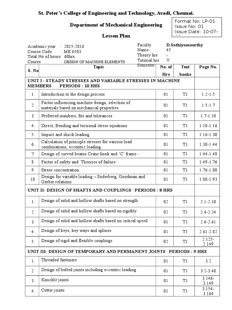 Lesson Plan for Design of Machine Elements Course at St. Peter's ...