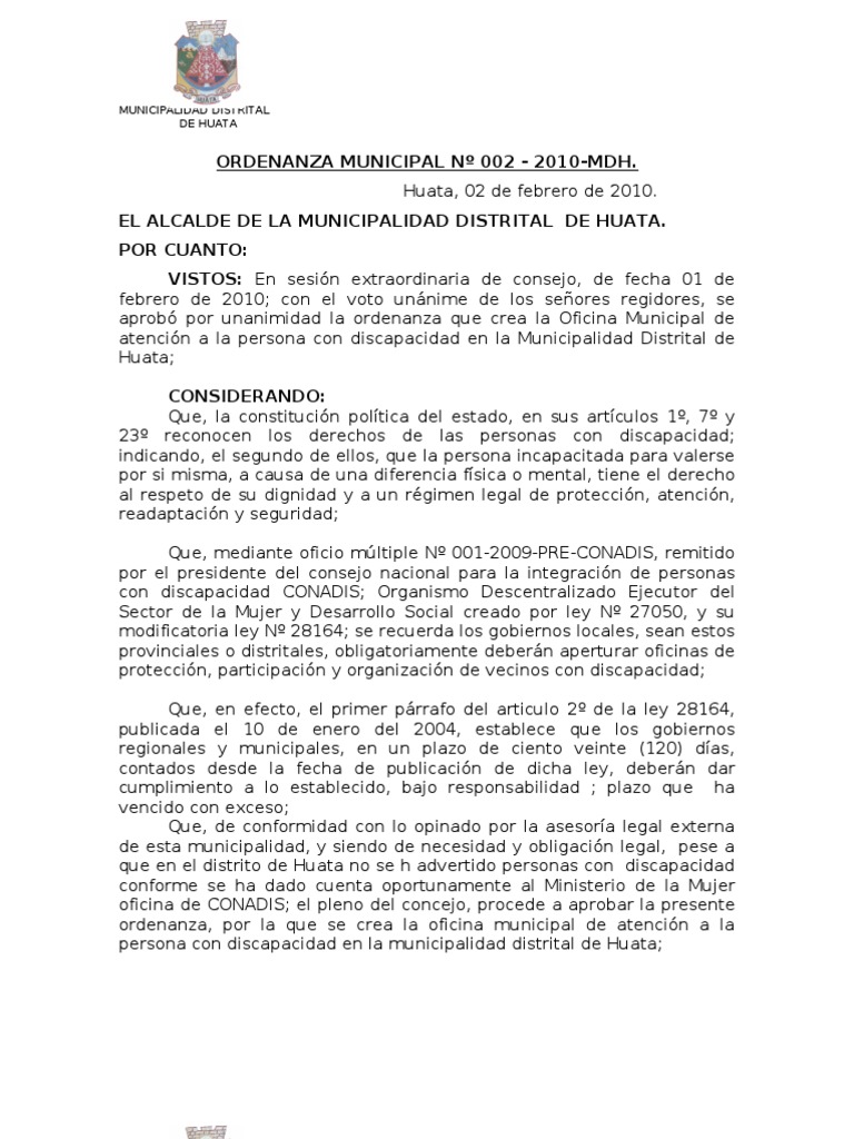 Ordenanza 002-2010. - Regula Creacion de OMAPED | PDF | Gobierno local | Invalidez