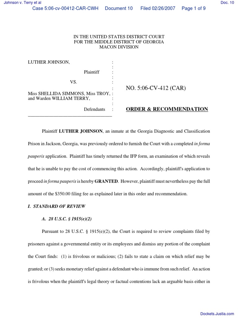 Johnson v. Simmons: IFP Granted, Claims Proceed | PDF | Discovery (Law ...