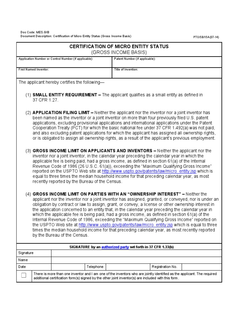Certification of Micro Entity Status | PDF | Patent Application | Patent