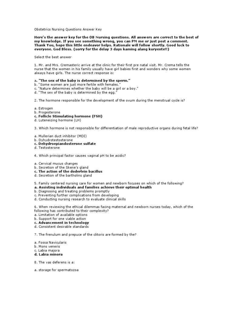 Obstetrics Nursing Questions Answer Key | PDF | Pelvis | Childbirth