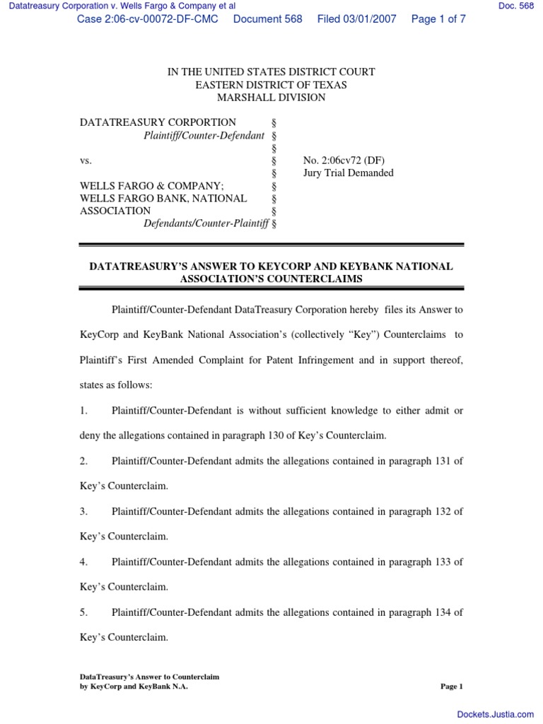 Plaintiff/Counter-Defendant §: Datatreasury’S Answer To Keycorp And ...
