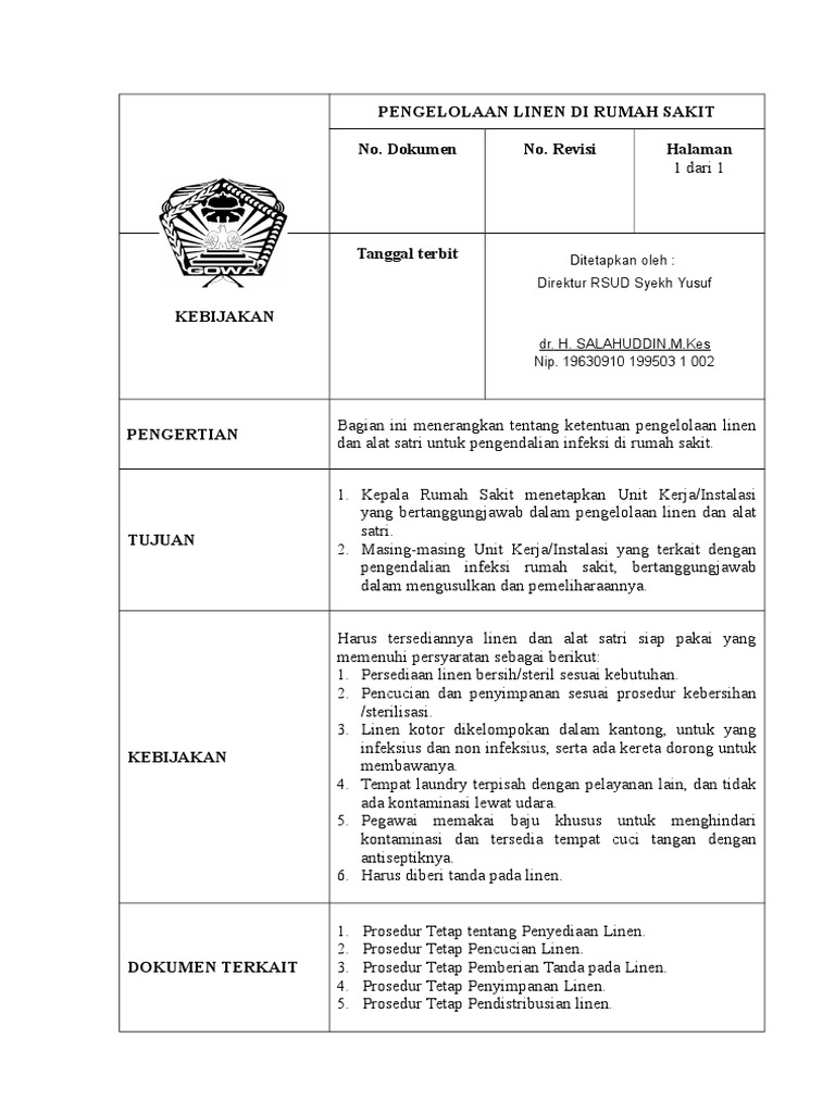 Pengelolaan Linen Di Rumah Sakit | PDF