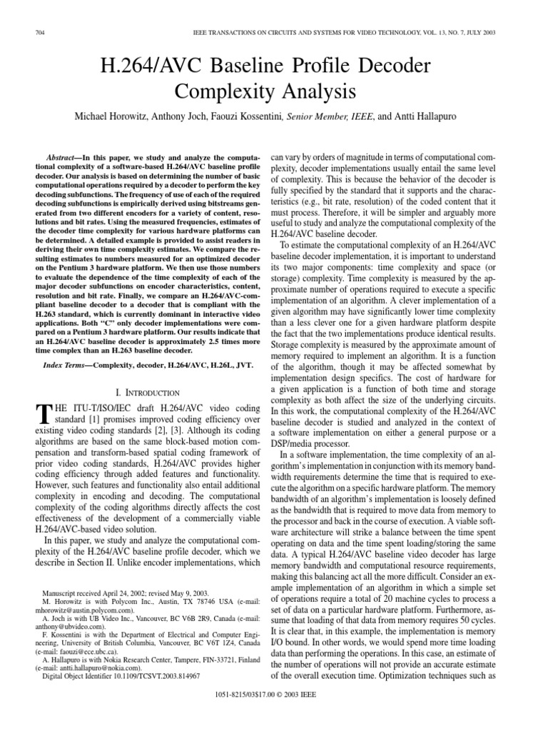 H.264 AVC Baseline Profile Decoder Complexity Analysis | PDF | H.264/Mpeg 4 Avc | Computer Data ...