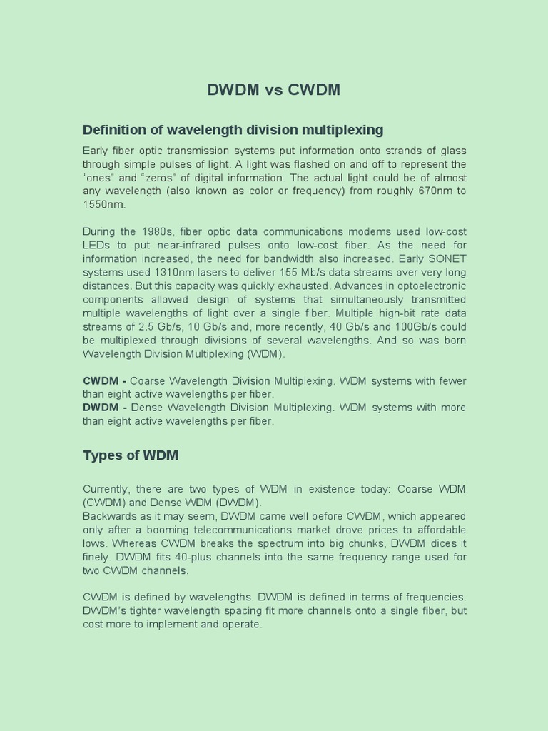 CWDM Vs DWDM | PDF | Wavelength Division Multiplexing | Multiplexing