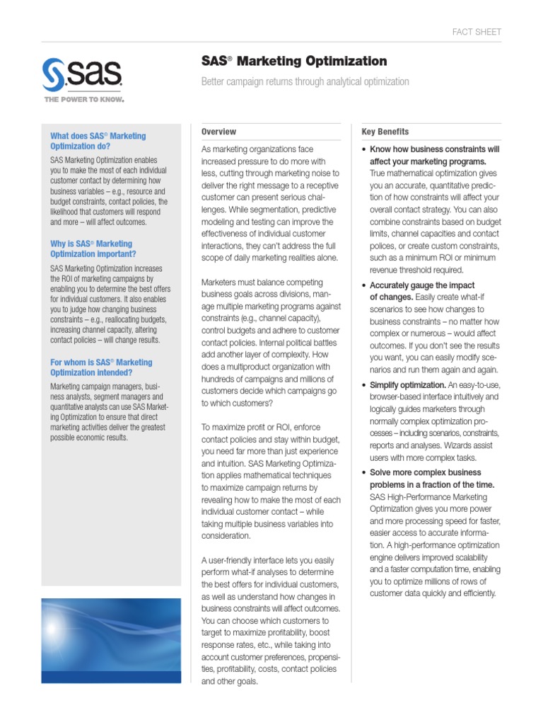 Sas Marketing Optimization Factsheet | PDF | Sas (Software ...