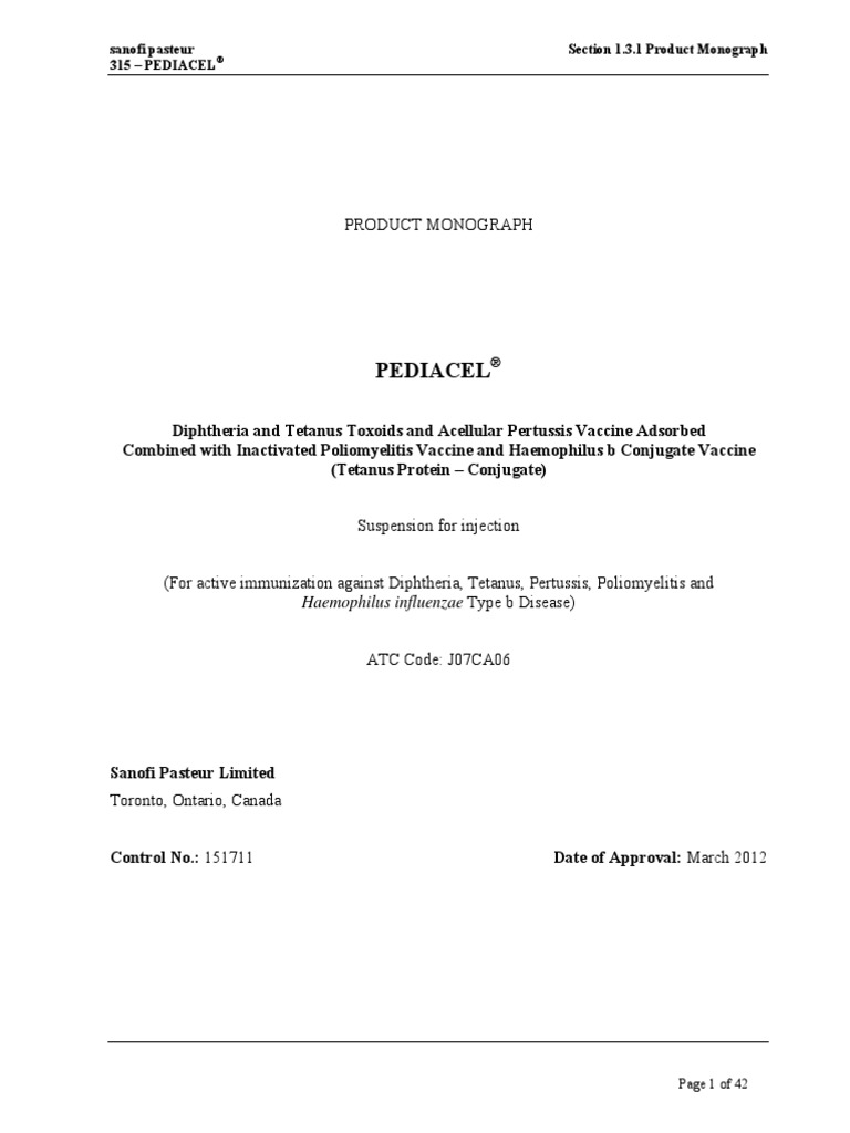 Pediacel Vaccine Detailed Manufacturer Information | PDF | Vaccines ...