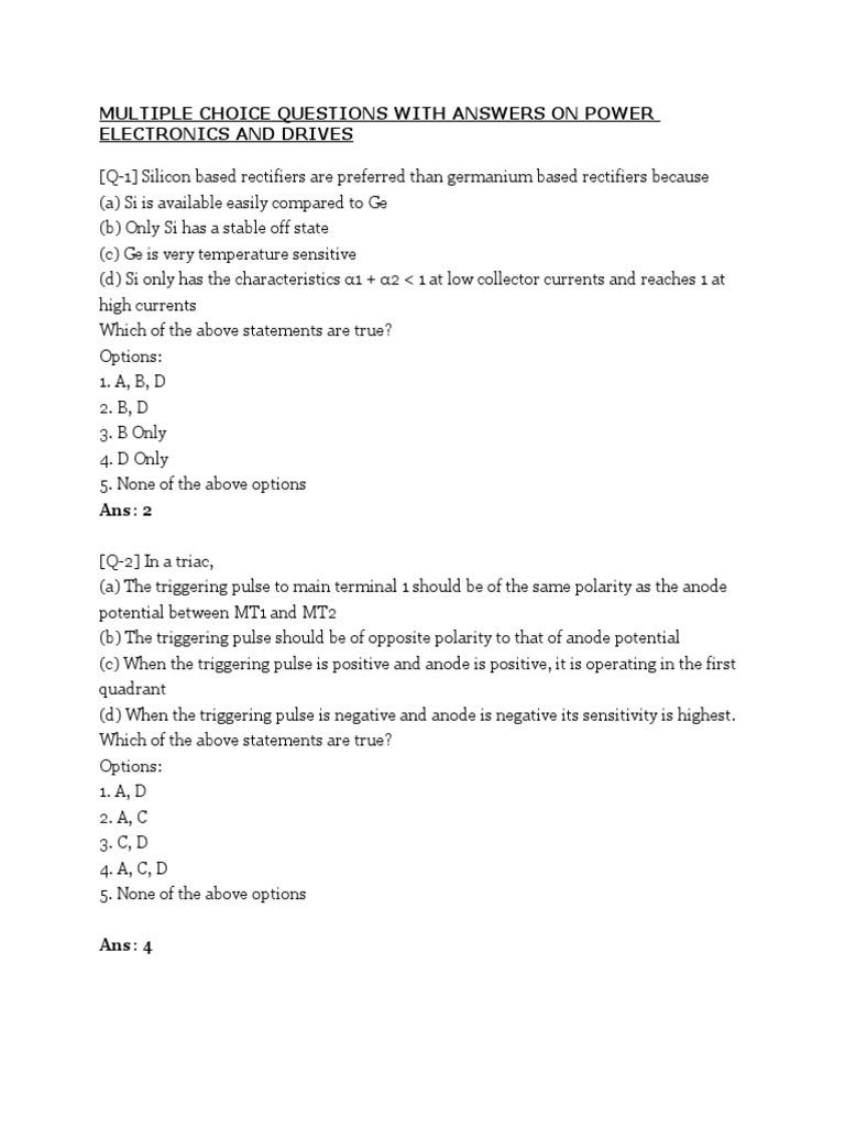 Multiple Choice Questions With Answers On Power Electronics and Drives ...