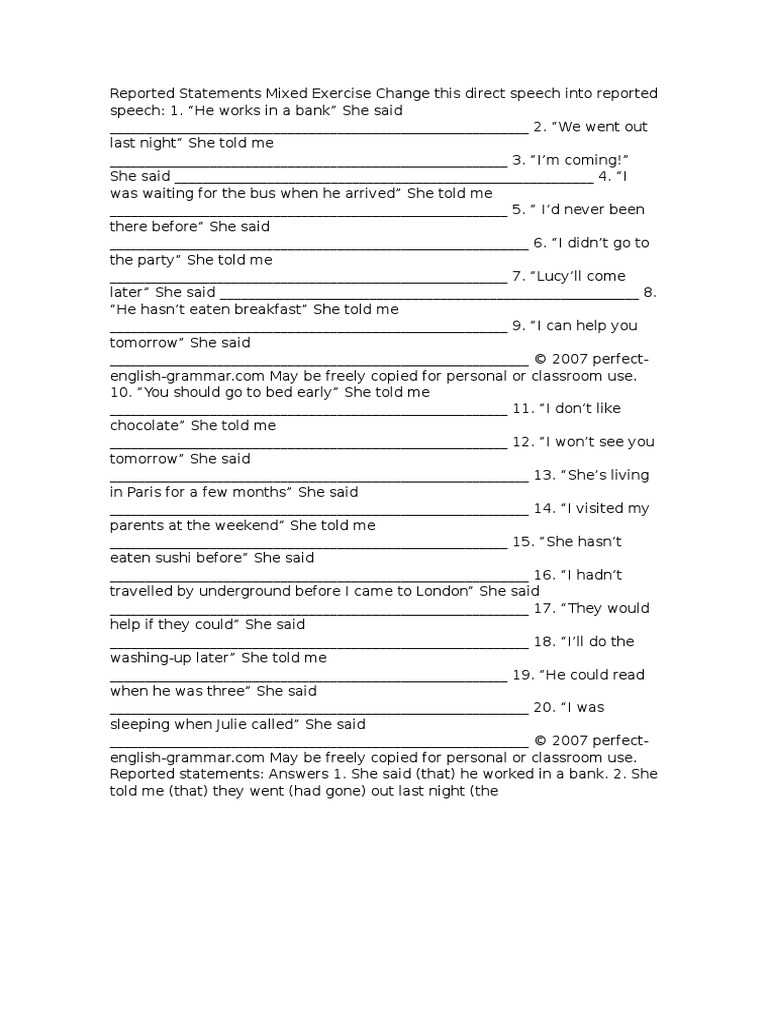 Reported Statements Mixed Exercise Change This Direct Speech Into Reported Speech | PDF