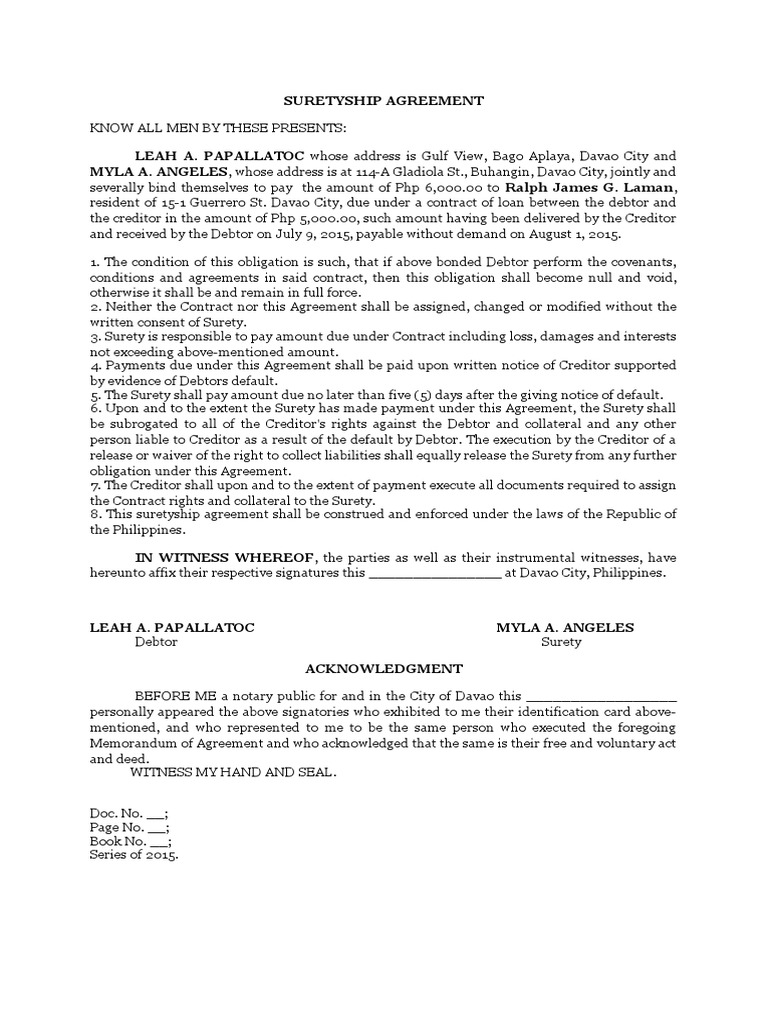 Surety Agreement - Myla Angeles | Debtor | Surety