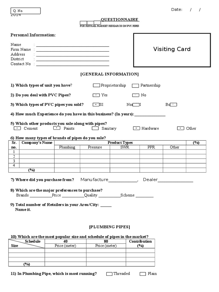 Questionnaire On PVC Pipes Retail Market Research | PDF | Plumbing ...