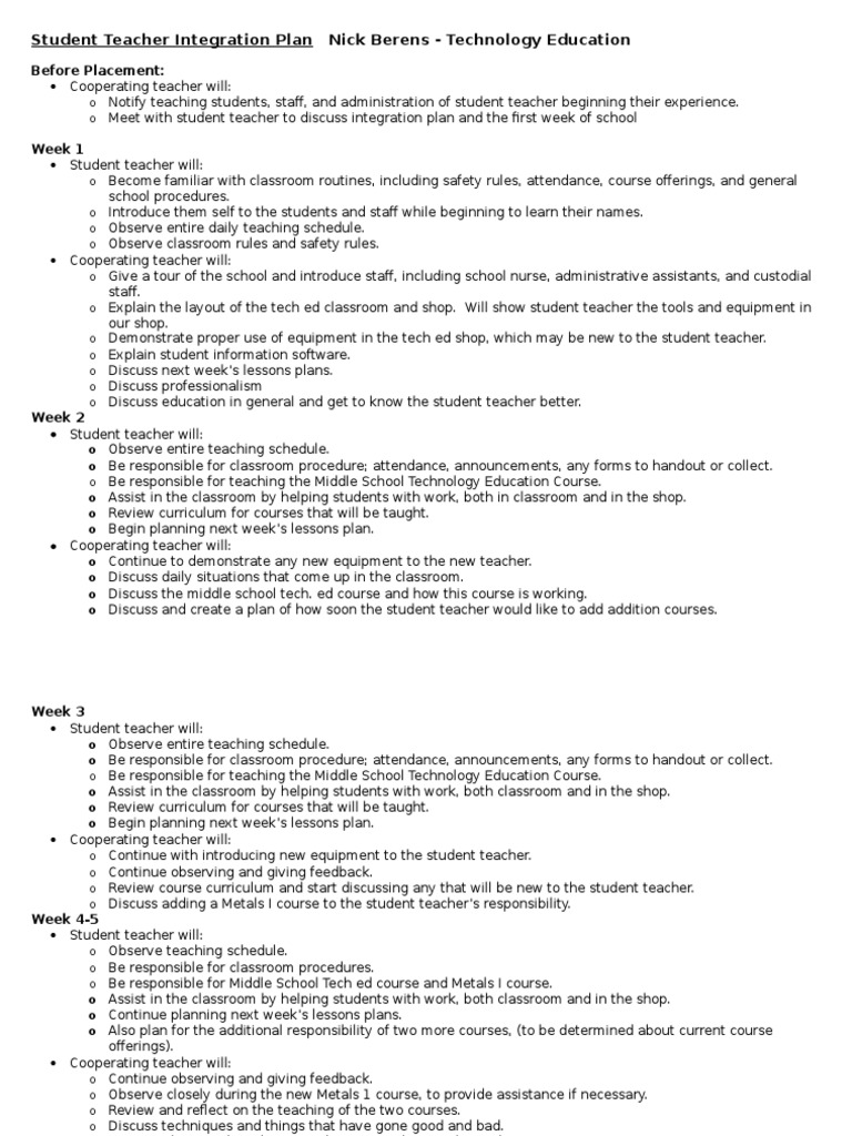 Student Teacher Integration Plan Guide | PDF | Lesson Plan | Teachers