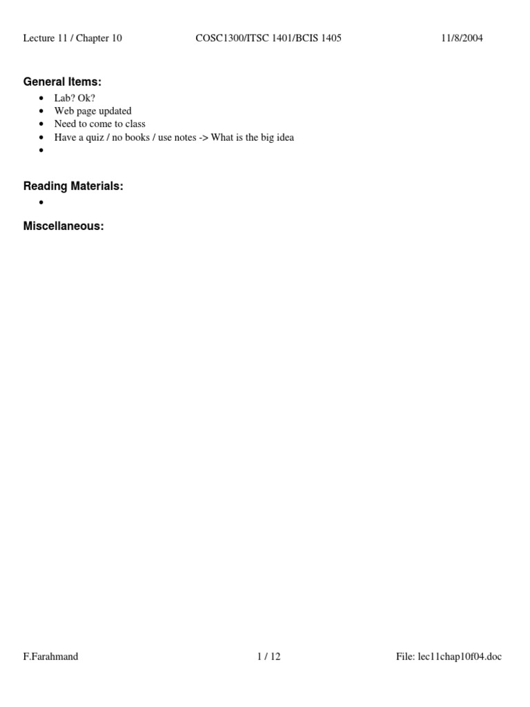 General Items:: Lecture 11 / Chapter 10 COSC1300/ITSC 1401/BCIS 1405 11/8/2004 | PDF | Databases ...