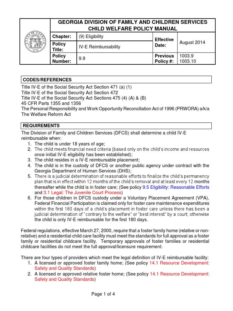 Georgia Division of Family and Children Services Child Welfare Policy ...