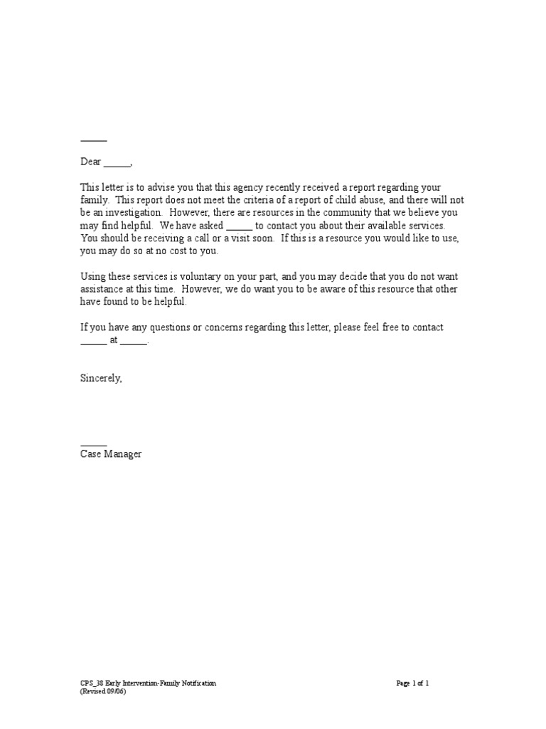 CPS - 38 Early Intervention Letter-Family Notification | PDF