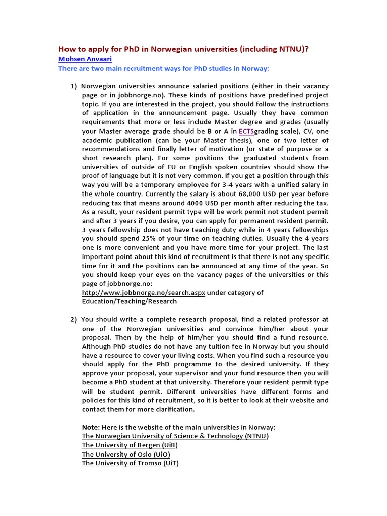How To Apply For PHD in Norway | PDF | Doctor Of Philosophy | Thesis