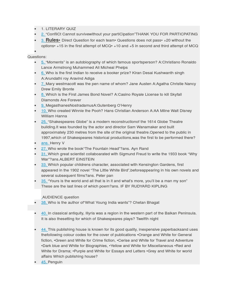 Indian Literature Quiz Questions | PDF | Poetry
