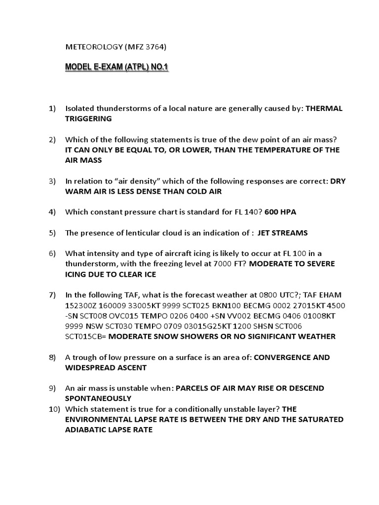 Model E-Exam No.1 Easa Atpl Meteorology | PDF | Cloud | Wound