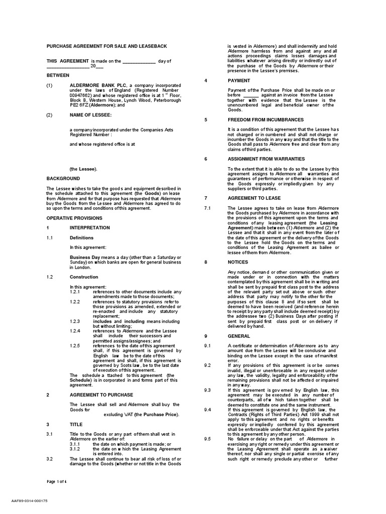 Sale and Leaseback Agreement Template | PDF | Lease | Common Law