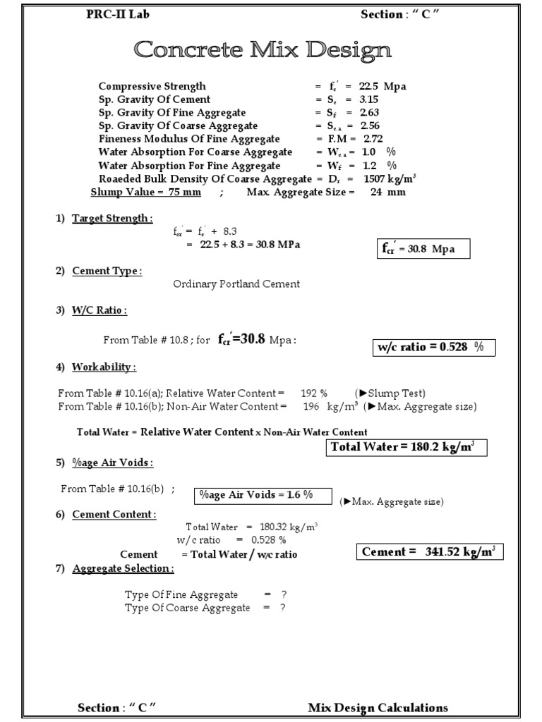 Mix Design Calculations | PDF | Construction Aggregate | Concrete
