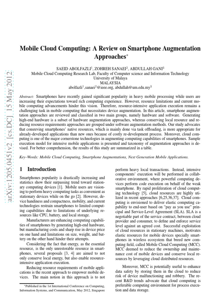 Mobile Cloud Computing: A Review On Smartphone Augmentation Approaches | PDF | Cloud Computing ...