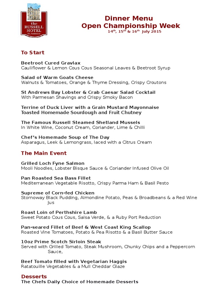 Dinner Menu Open Championship Week: To Start | PDF | Cooking, Food ...