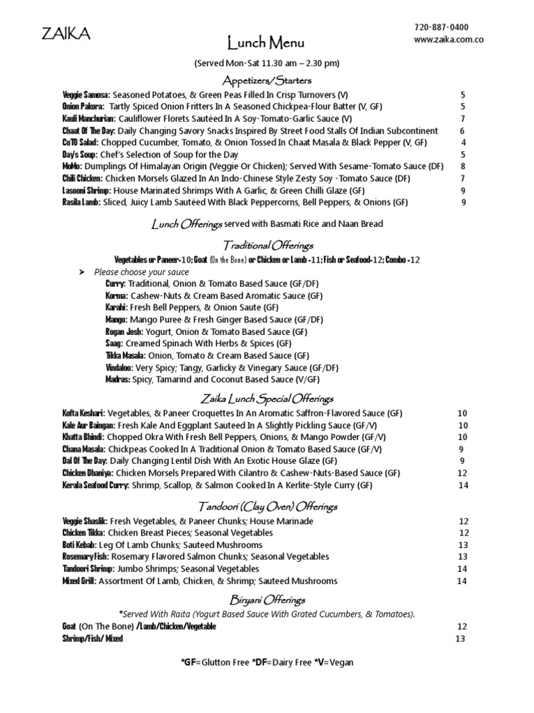 ZAIKA Lunch Menu PDF | PDF | Asian Cuisine | Regional & Ethnic Food