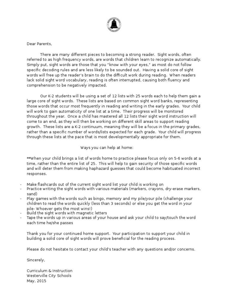 Copyofsightwordsparentletter | PDF | Reading (Process) | Reading ...