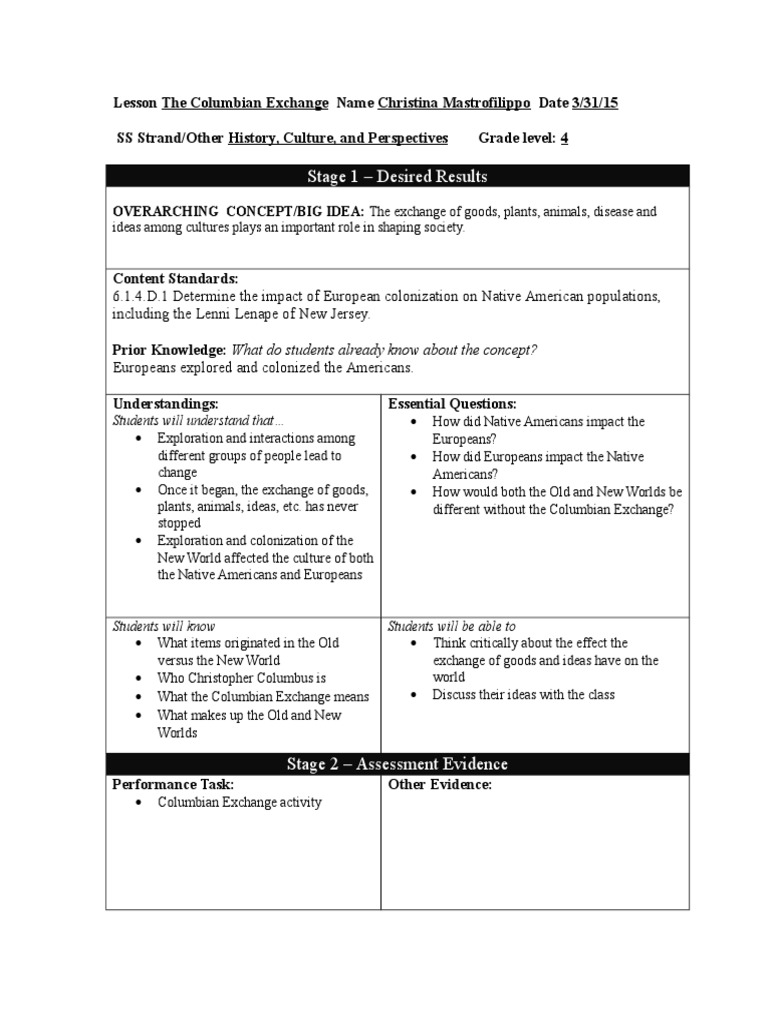 Columbian Exchange Lesson Plan | PDF | New World