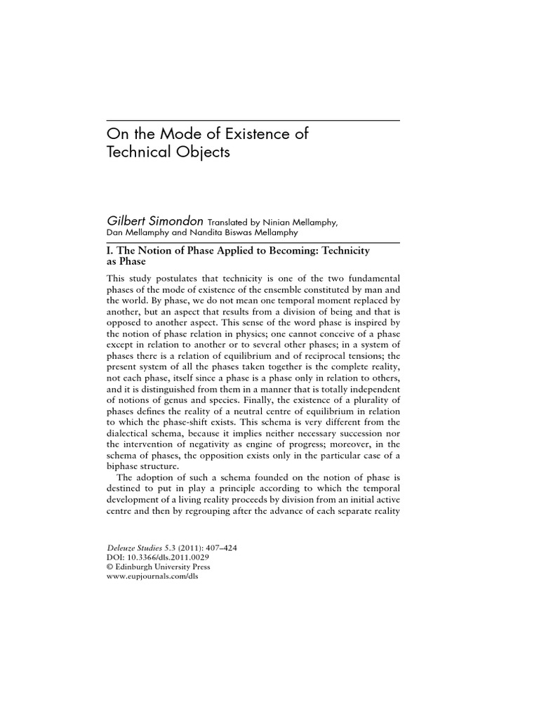 On The Mode of Existence of Technical Objects: Gilbert Simondon | PDF ...