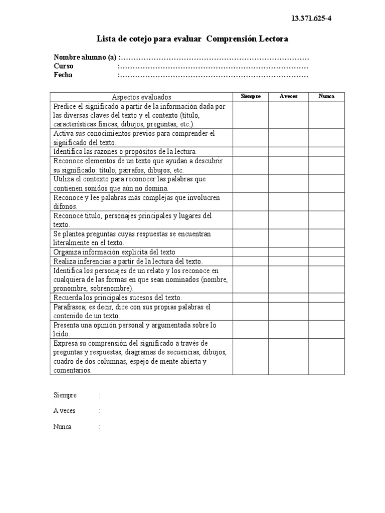 Lista de Cotejo para Comprensión Lectora | PDF
